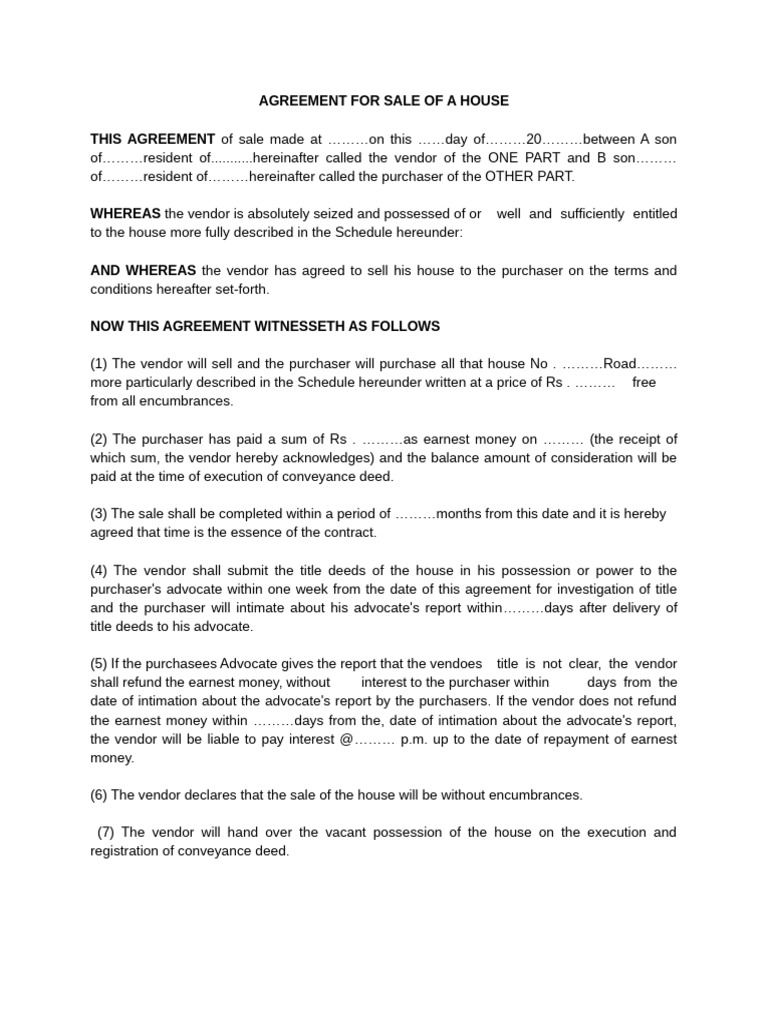 Agreement For Sale of A House | PDF | Deed | Business