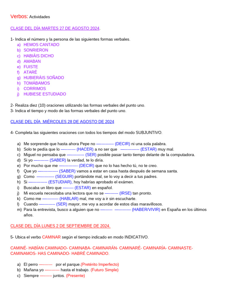Verbos - Actividades | PDF