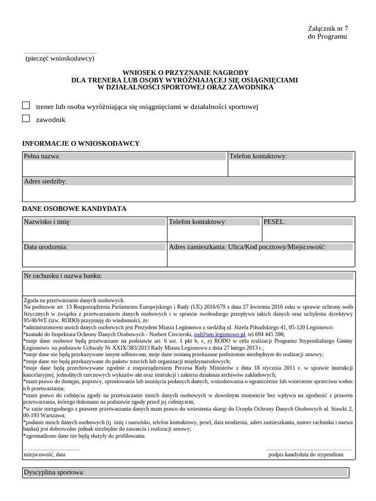 Wniosek o Nagrode Dla Trenera Lub Stypendium Dla Zawodnika Zal 7 | PDF