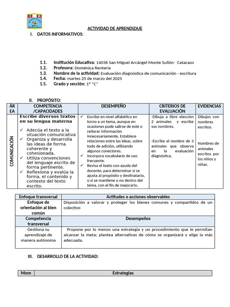 1°sesión de Evaluación Diag. Escritura | PDF | Evaluación | Aprendizaje