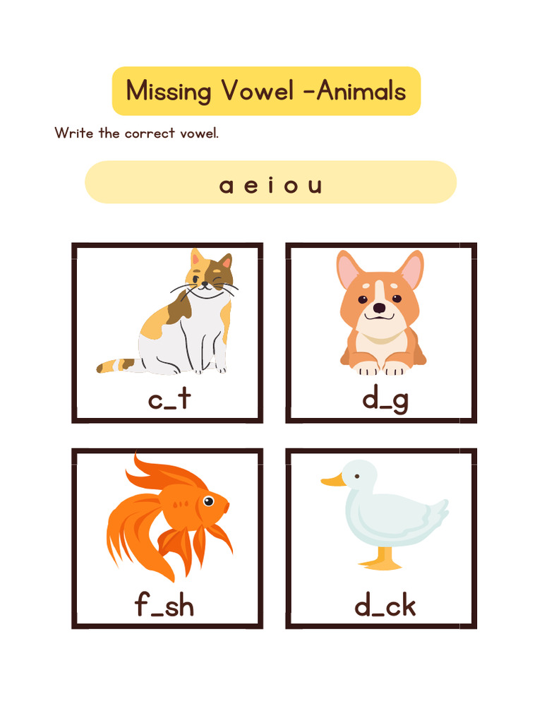 Colourful Missing Vowel Animals ESL Worksheet | PDF