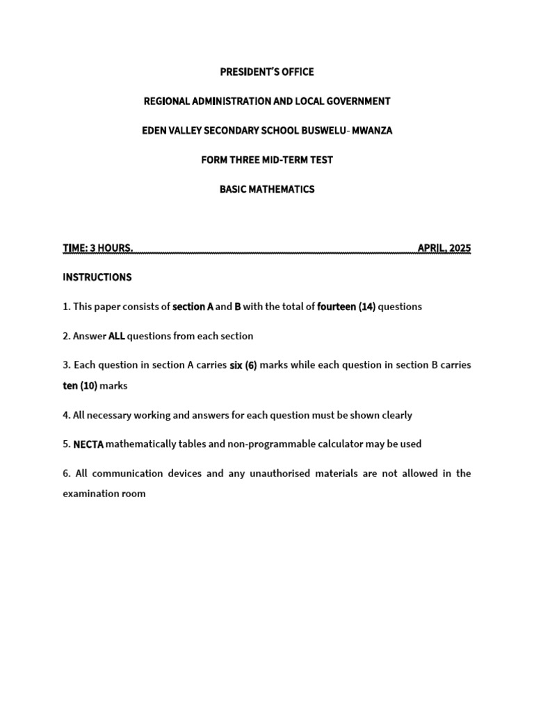 Form Three Mid-Term Mathematics Test | PDF | Function (Mathematics ...
