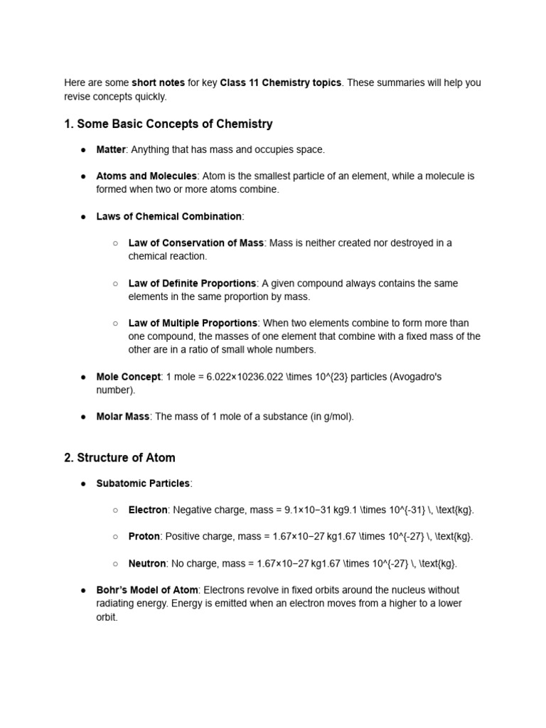 Class 11 Chemistry Key Notes | PDF | Redox | Mole (Unit)