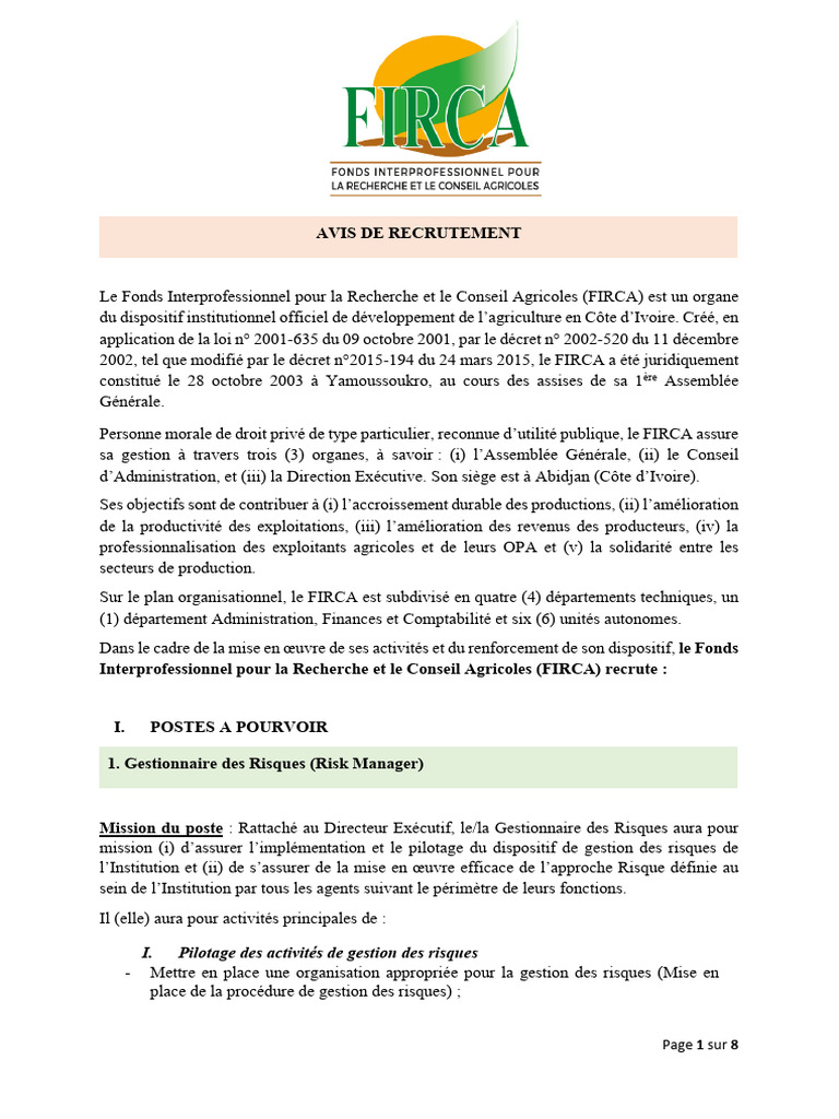 Recrutement FIRCA 2025 : Postes à pourvoir | PDF | Contrôle interne ...