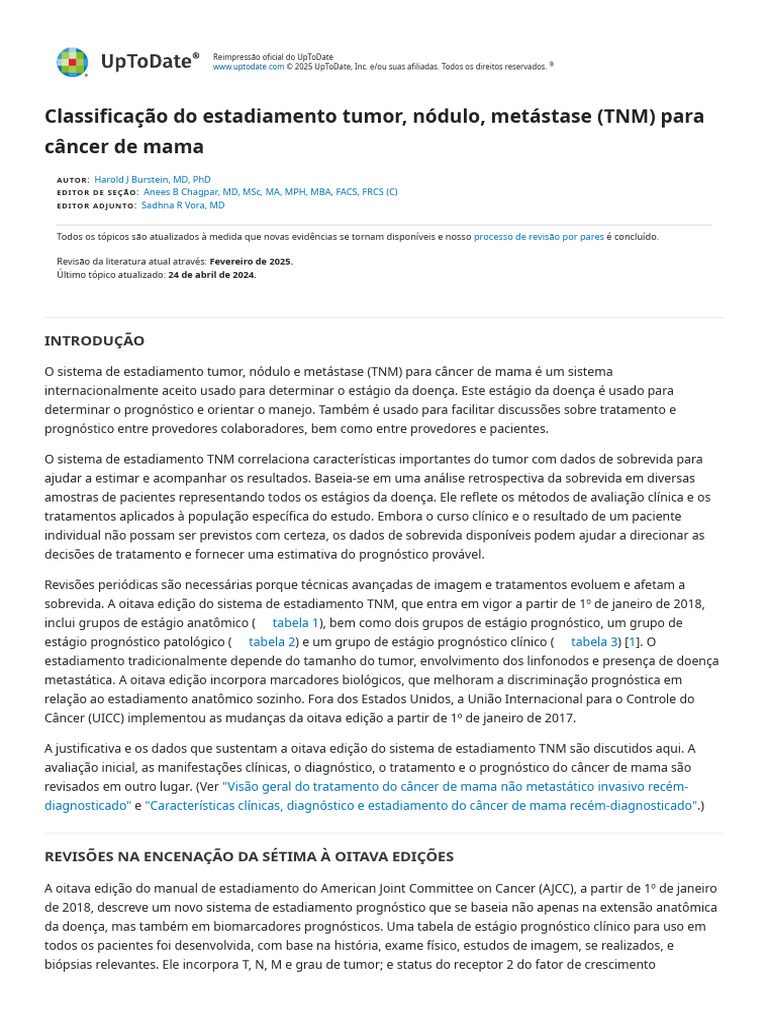 Classificação Do Estadiamento Tumor, Nódulo, Metástase (TNM) para CA de ...
