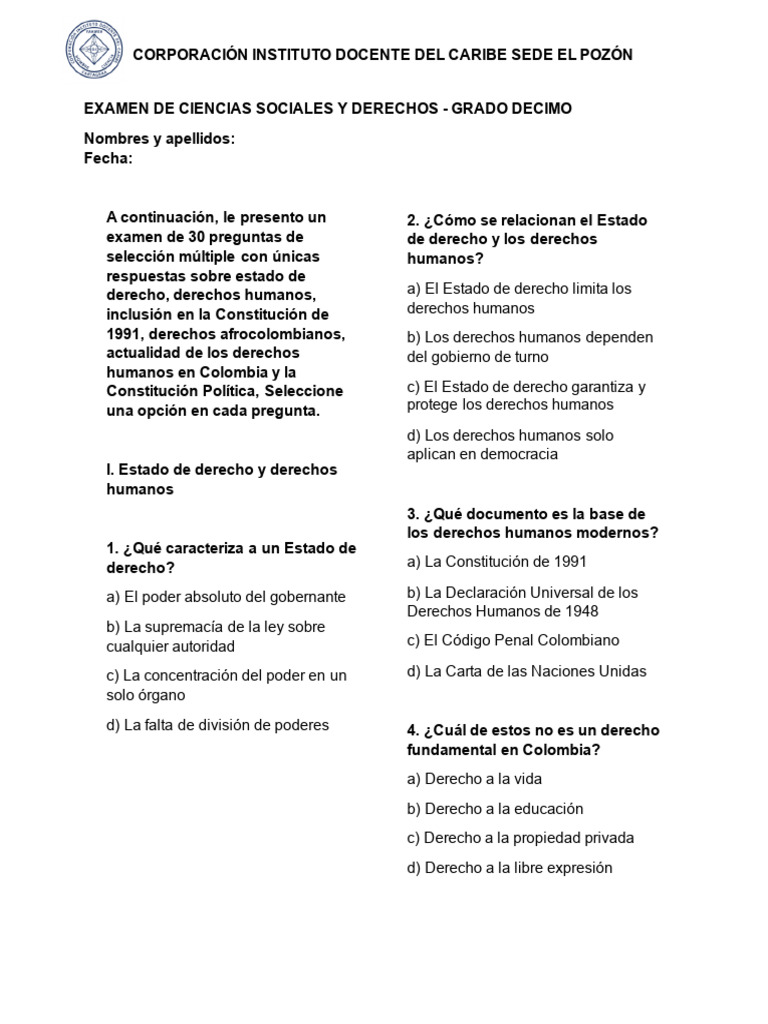 Examen Grado Decimo | PDF | Colombia | Derechos humanos