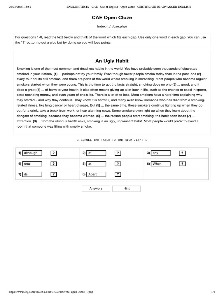 1 English Tests - Cae - Use of English - Open Cloze - Certificate in ...