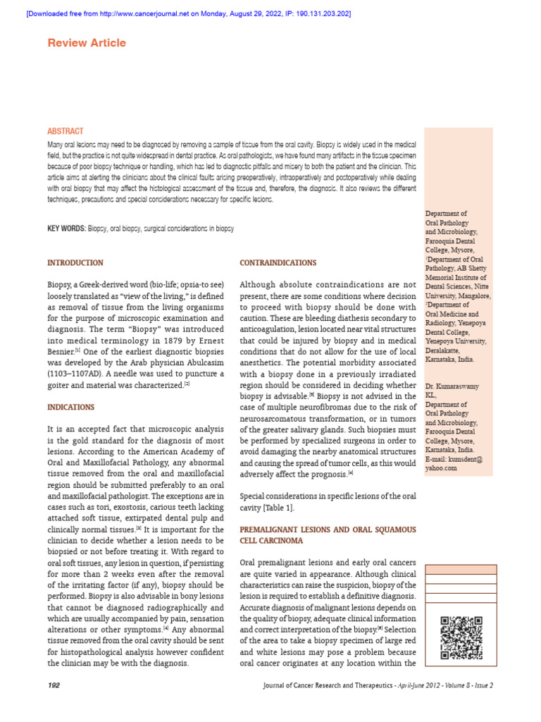 Oral Biopsy Techniques and Considerations | PDF | Biopsy | Pathology