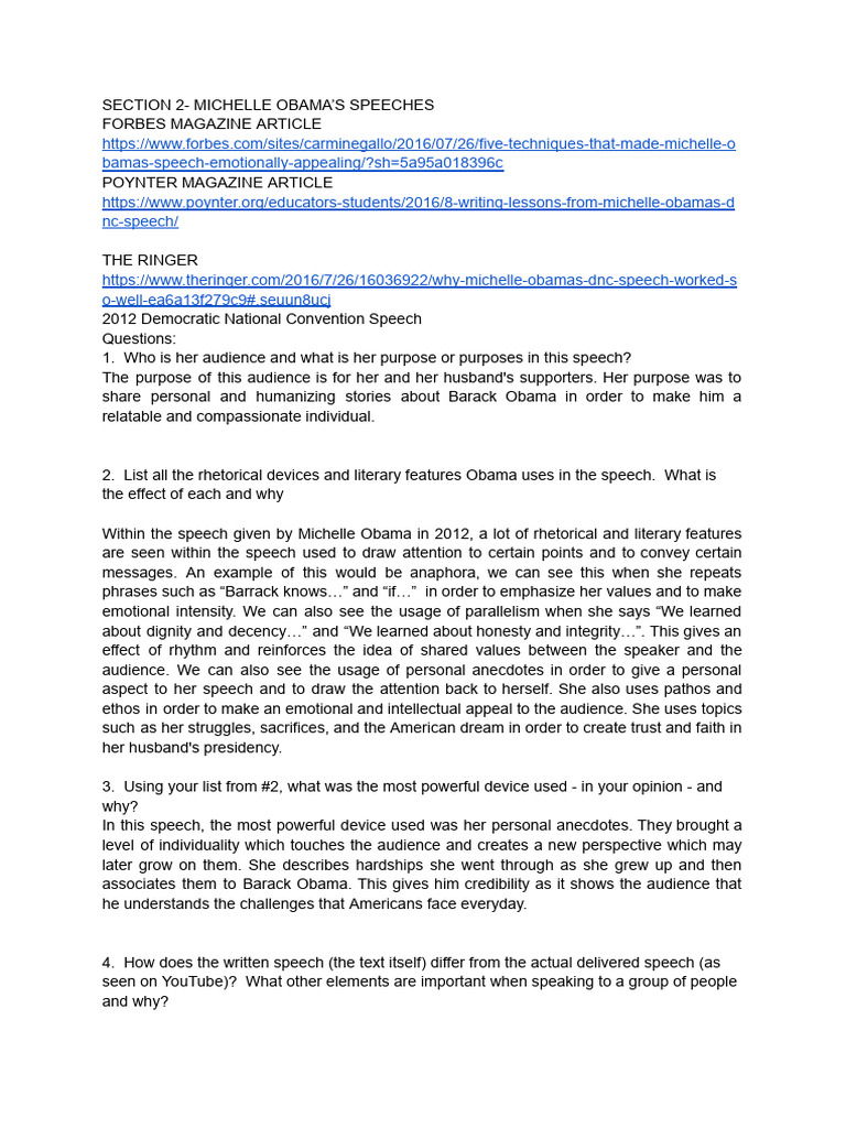 Analyzing Michelle Obama's Speeches | PDF | Speech | Michelle Obama