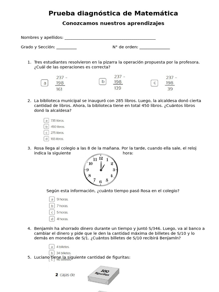 Prueba Diagnóstica de Matemáticas 4to Grado | PDF