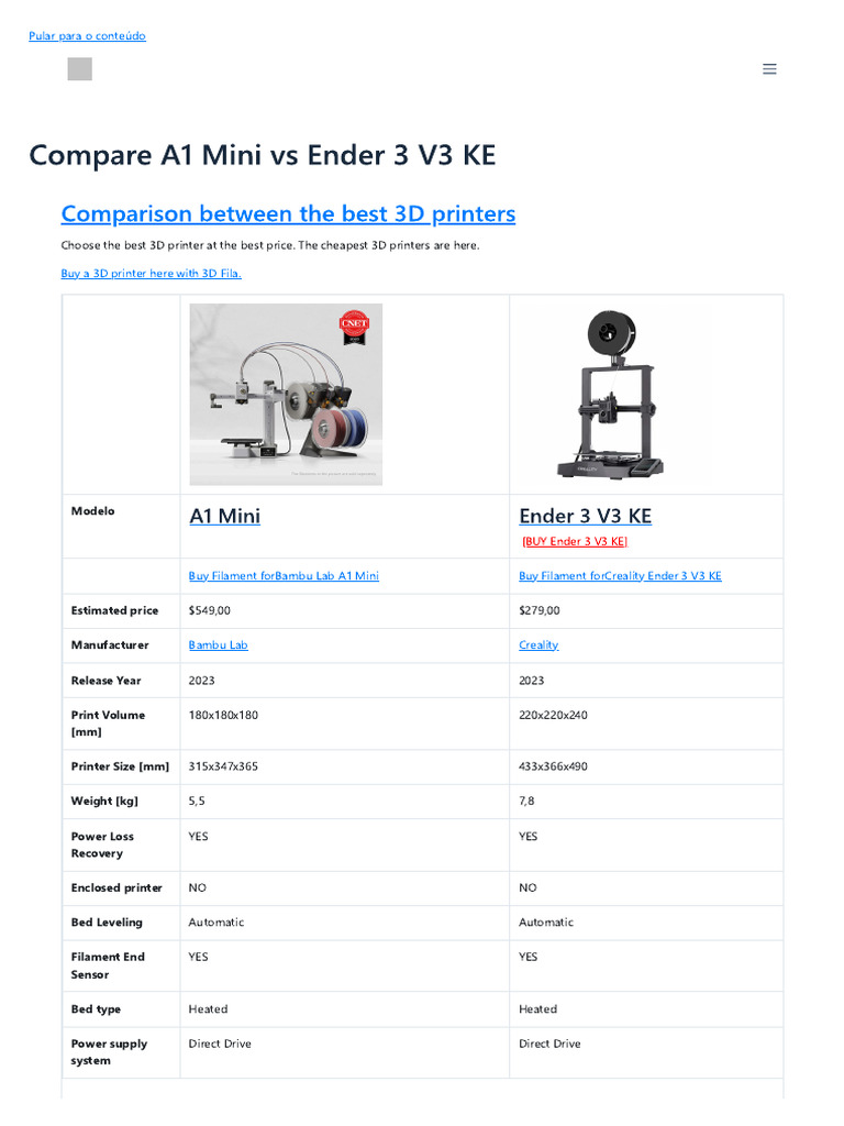 Compare A1 Mini Vs Ender 3 V3 KE | PDF
