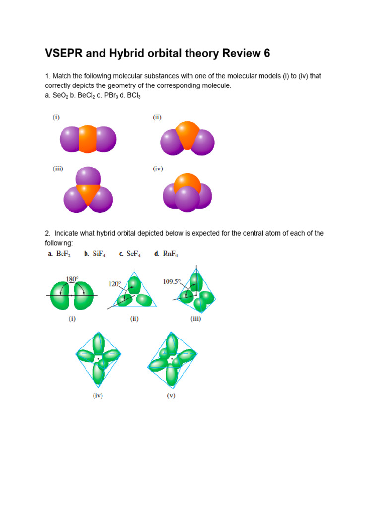VSEPR and Hybrid Orbital Theory Review 6 | PDF | Chemical Bond | Molecules