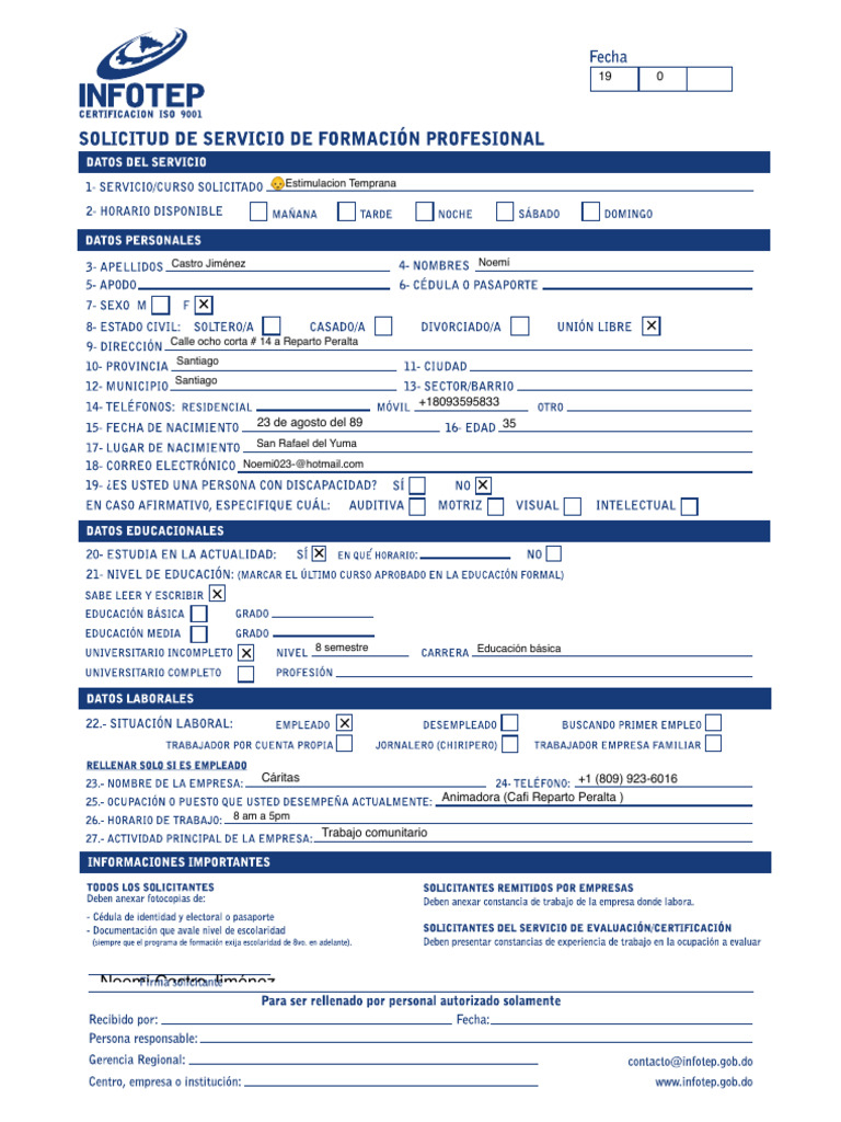 Formulario de INFOTEP | PDF