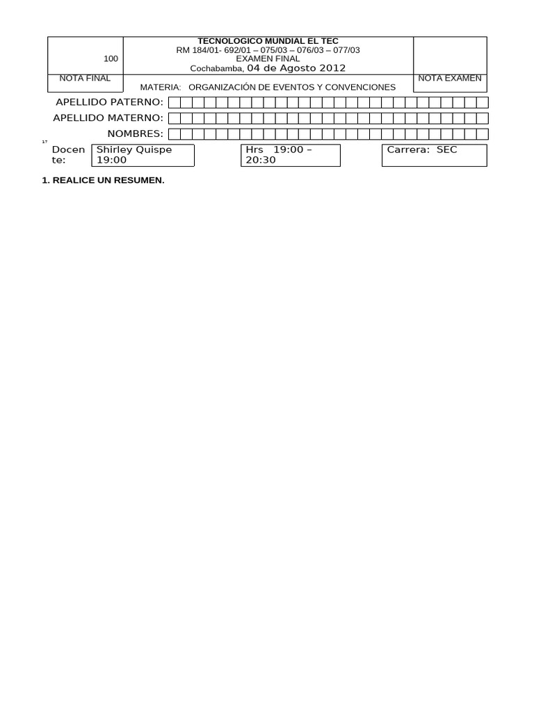 Encabezado Exa Final y 2da Instancia Omie | PDF