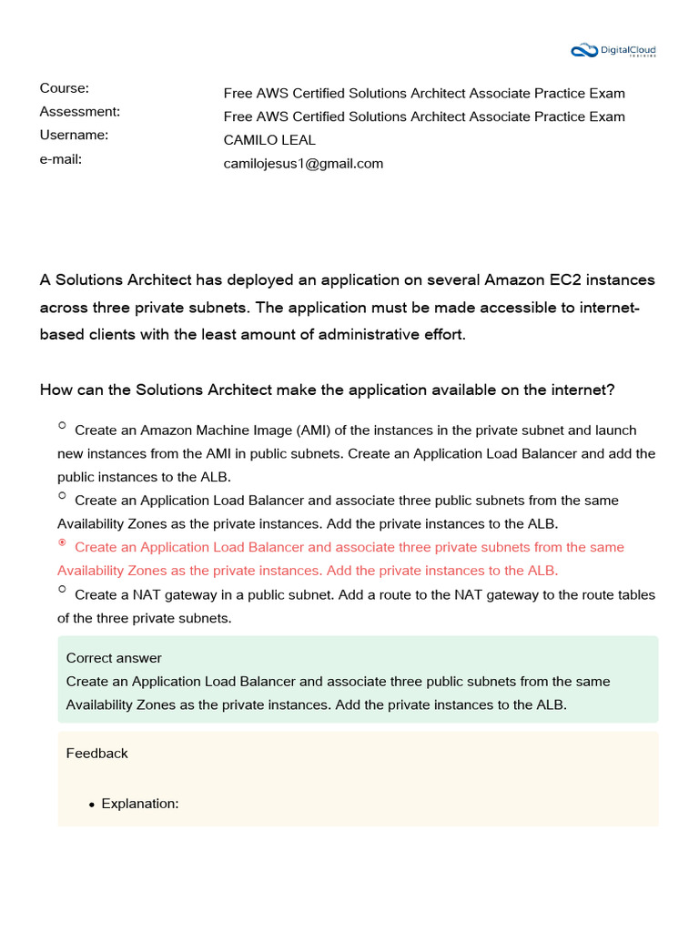Free Aws Certified Solutions Architect Associate Practice Exam Camilo Leal | PDF | Amazon Web ...