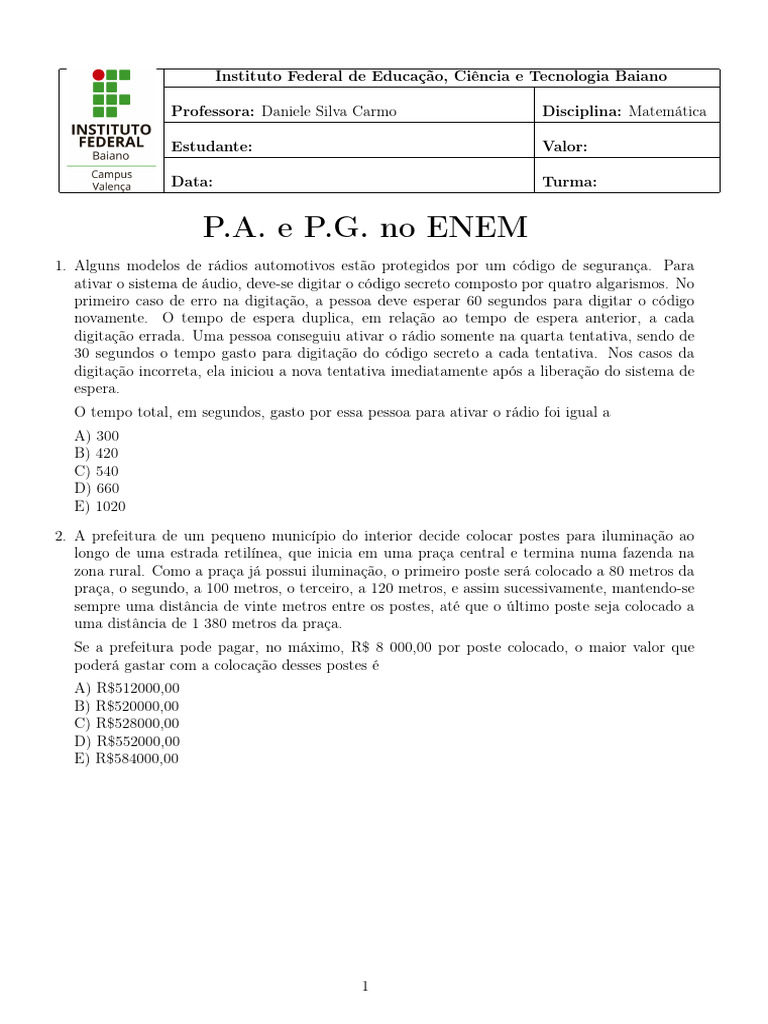 Lista de Atividades PA e PG ENEM | PDF | Tempo