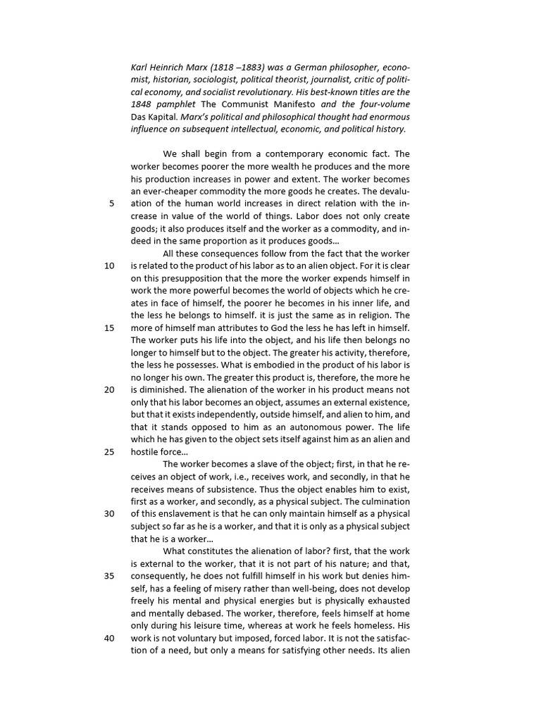 Marx, Alienation of Labor | PDF | Karl Marx | Marx's Theory Of Alienation