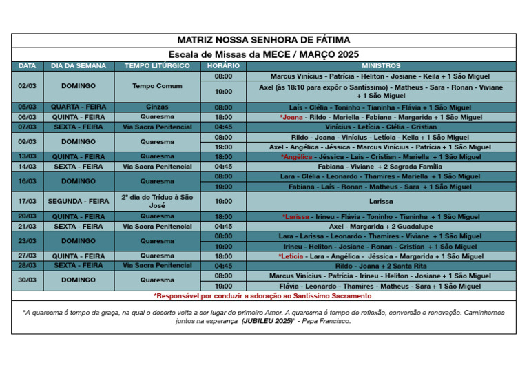 Escala de Missas da MECE_MARÇO 2025_250301_164936 (1) | PDF | Quaresma ...