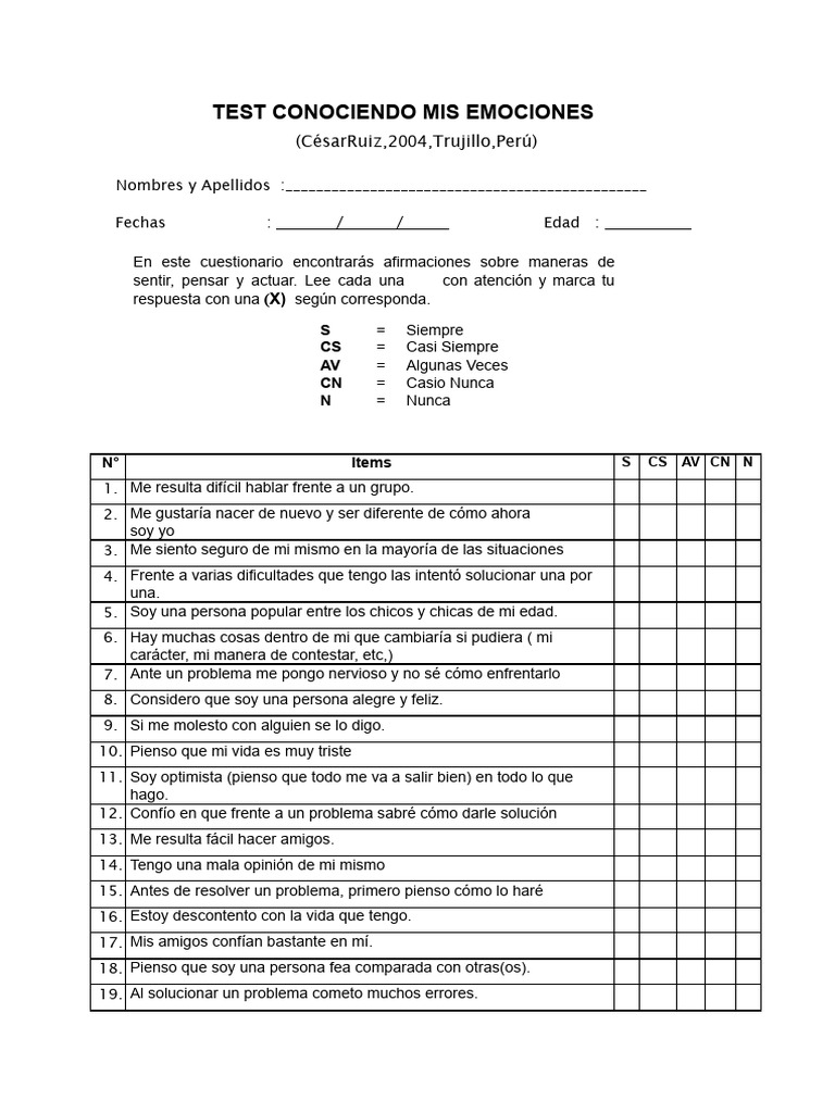 Cuestionario sobre Emociones y Autoestima | PDF
