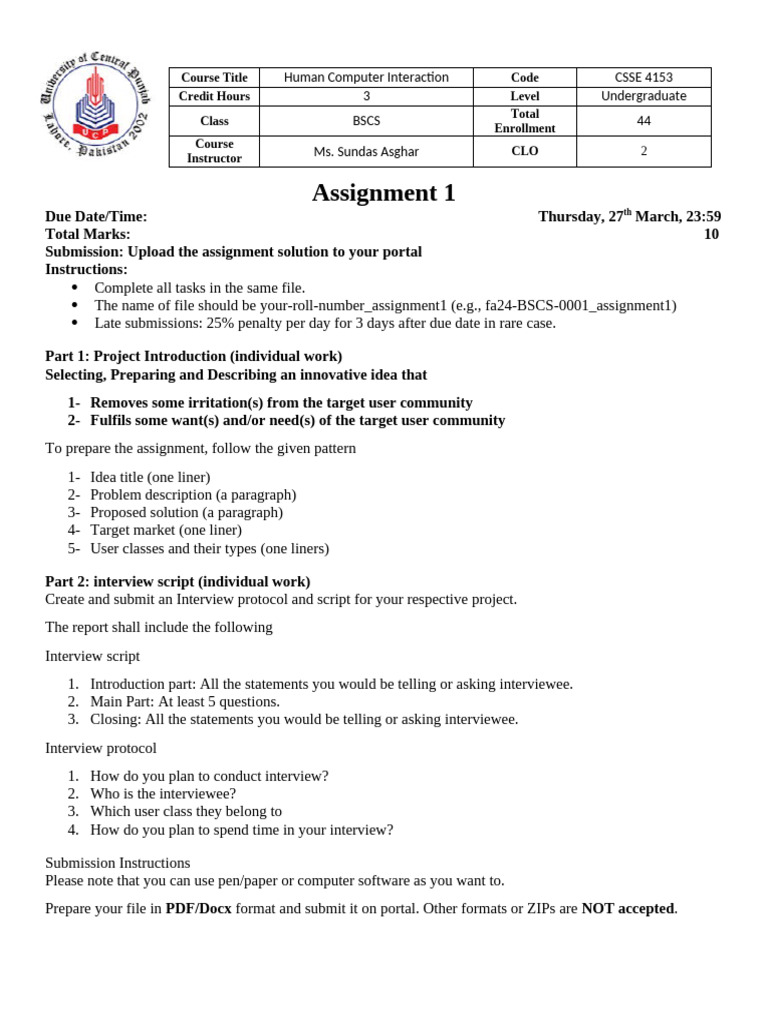 Assignment 1: Course Title Code Credit Hours Level Class Total Enrollment Course Instructor CLO ...