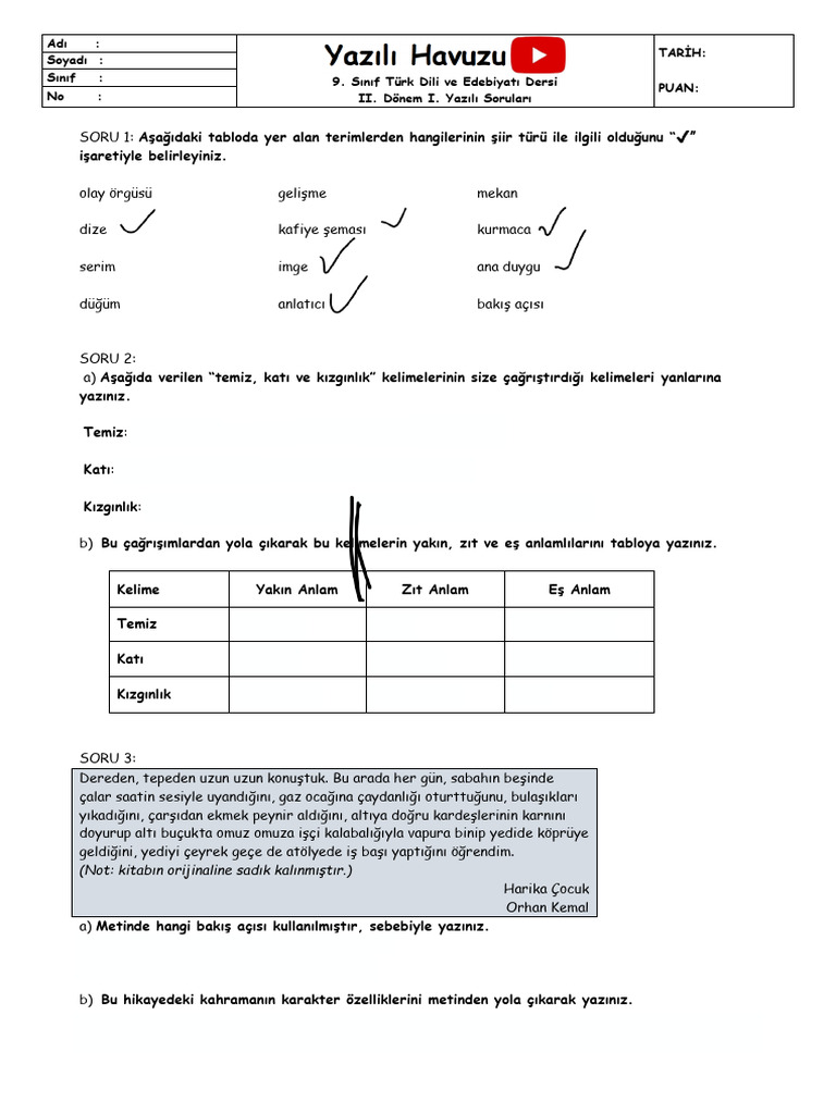 TDE 9. Sınıf 2.dönem 1.yazılı Yeni Müfredat Yazılı Havuzu | PDF