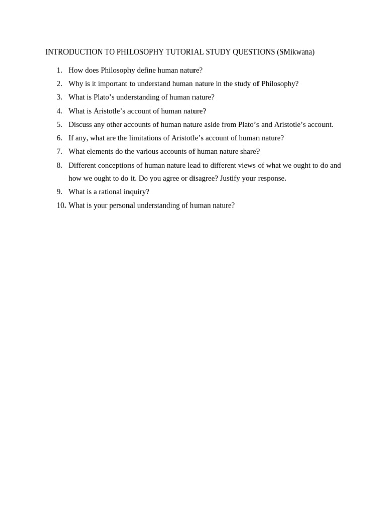 Study Questions on Human Nature in Philosophy | PDF