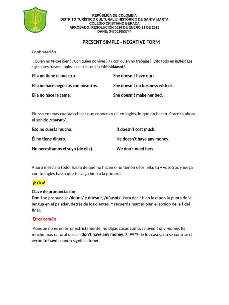 PRESENT SIMPLE - NEGATIVE FORM - Continuación | PDF