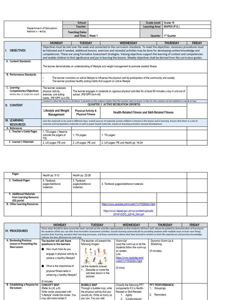 MAPEH DLL G10 Q1 - Week1 SDO SOR CITY | PDF | Learning | Educational Assessment