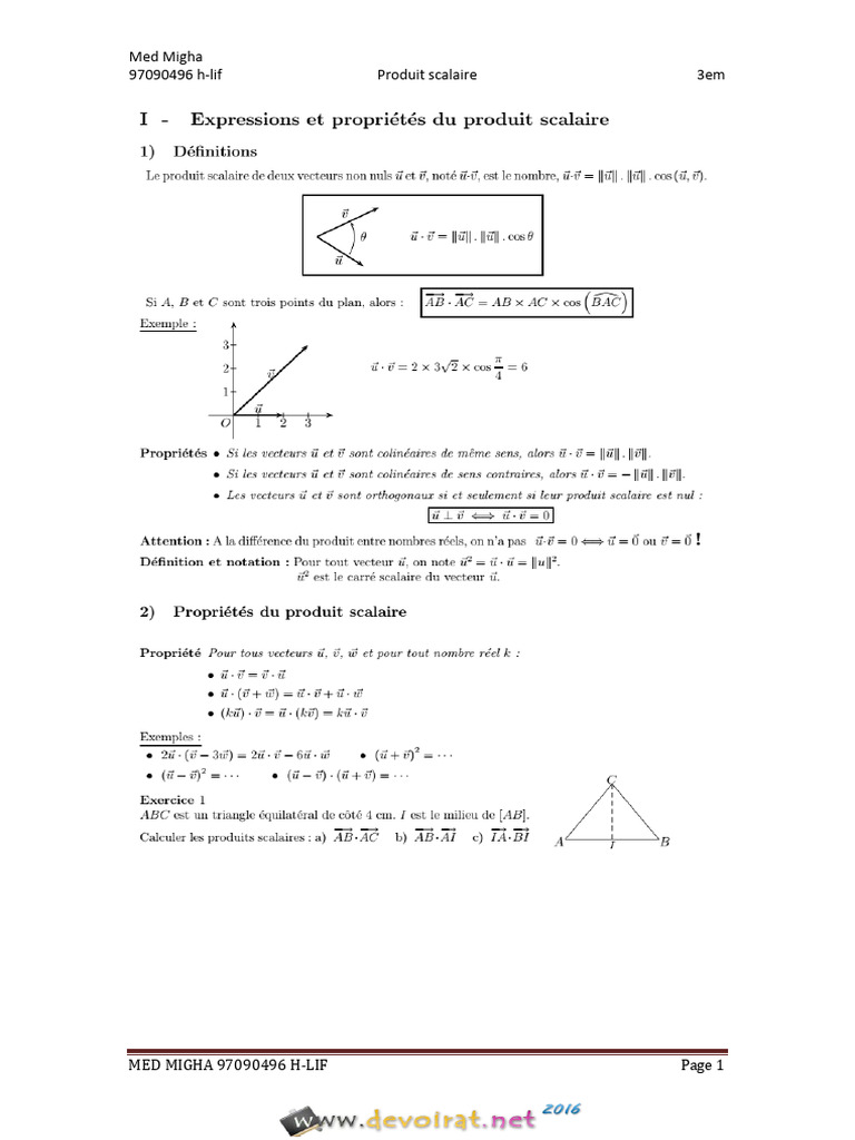 Série D'exercices N°1 - Math - Produit Scalair - 3ème Sciences Exp ...