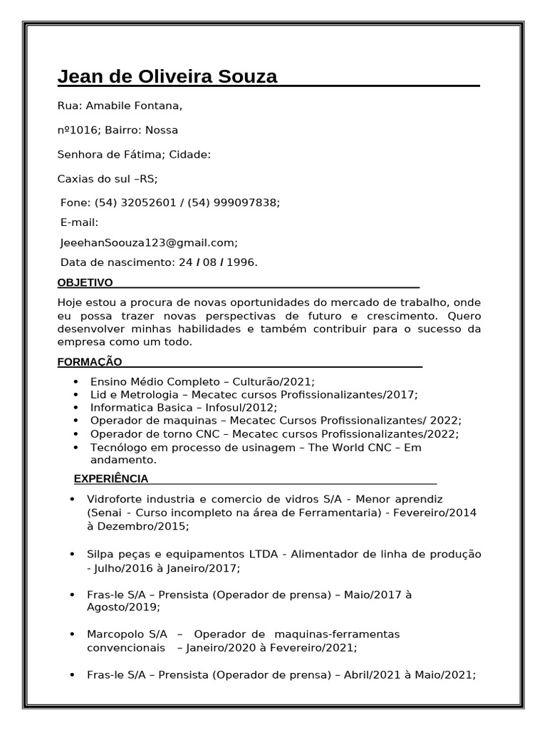 Jean Souza Curriculo Novo 2024 | PDF