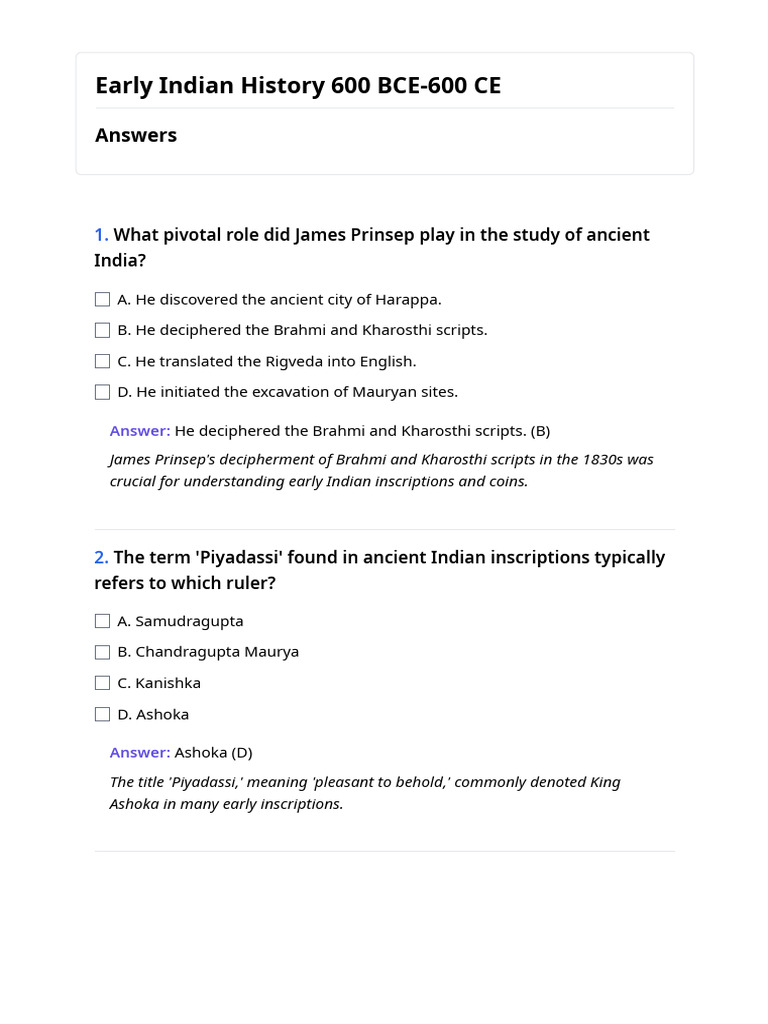 Early Indian History 600 BCE-600 CE Answers | PDF | Ashoka