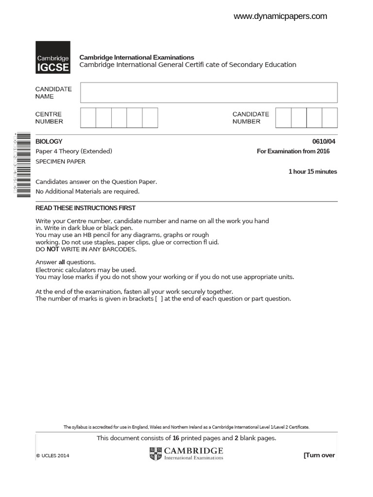 167460-2016-specimen-paper-4 | PDF | Genotype | Dominance (Genetics)