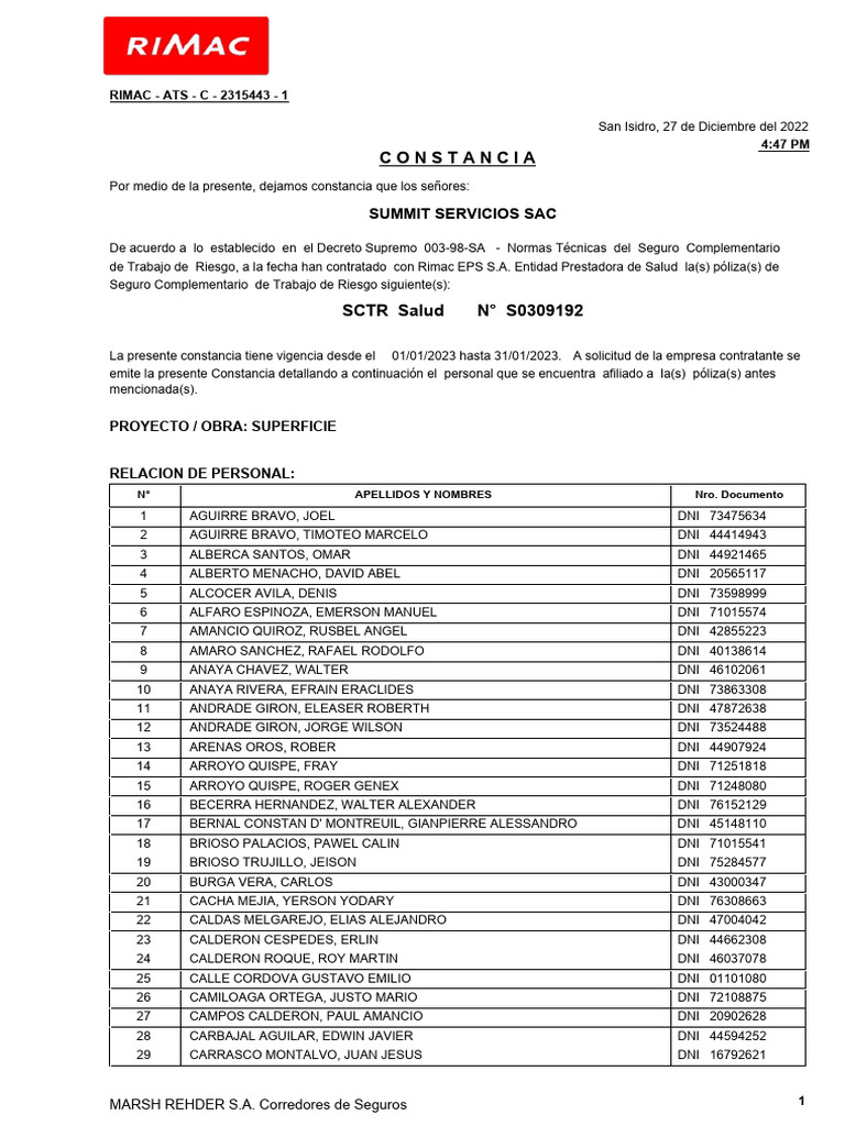 SCTR_CONSTANCIA_002315443-0001_20221227164715_ Superficie | PDF | Seguro