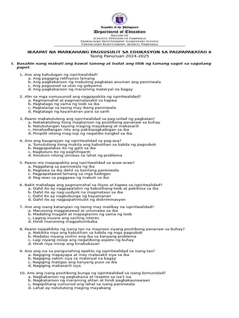 4th Quarter - ESP - Periodical Test | PDF