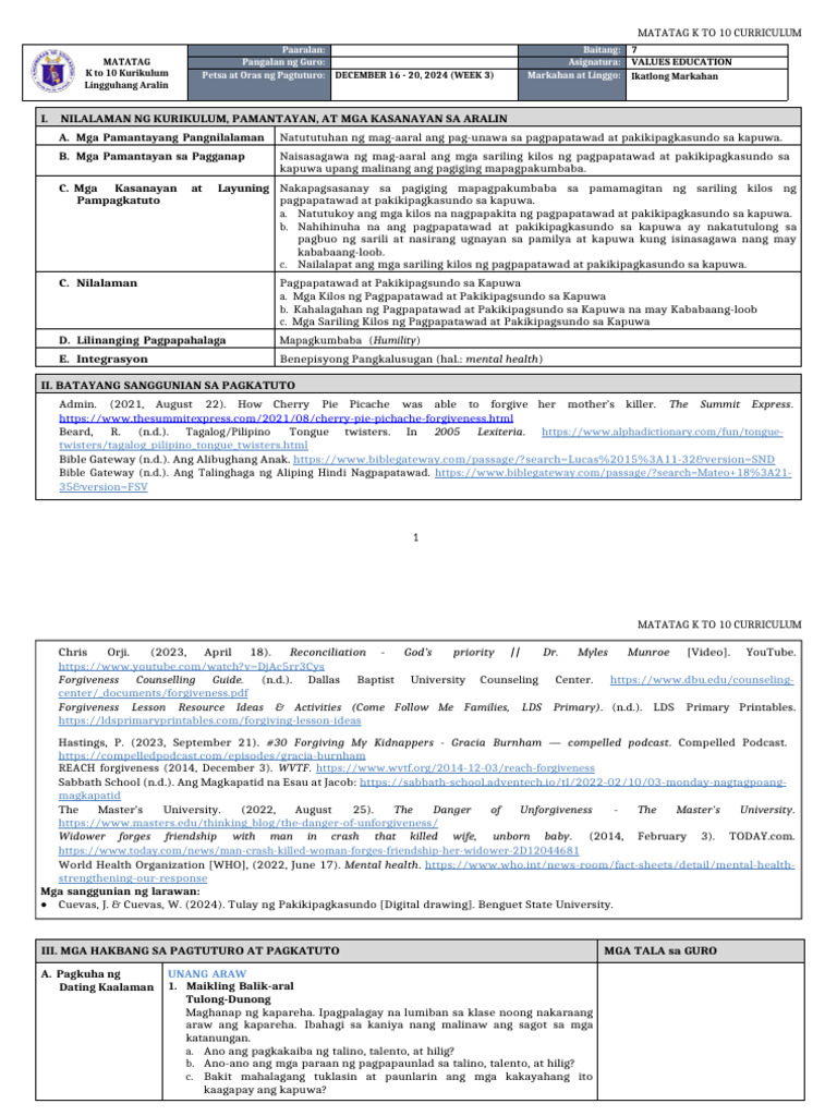 DLL Matatag - Values Education 7 Q3 W3 | PDF