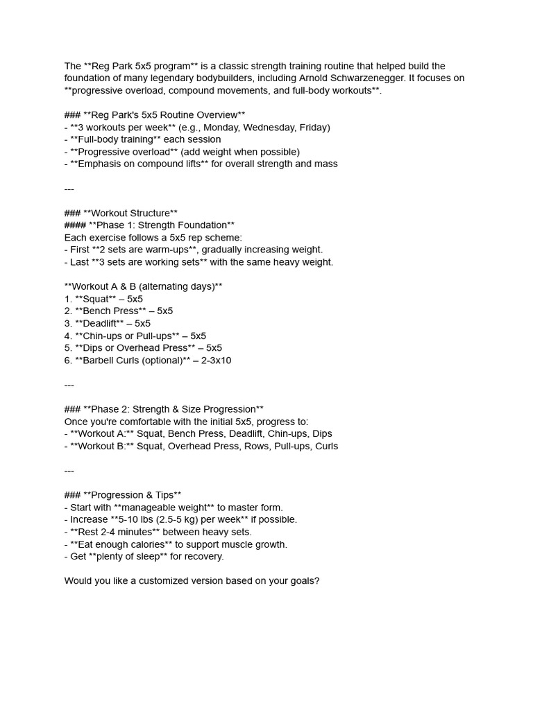 Reg Park 5x5 Strength Training Guide | PDF