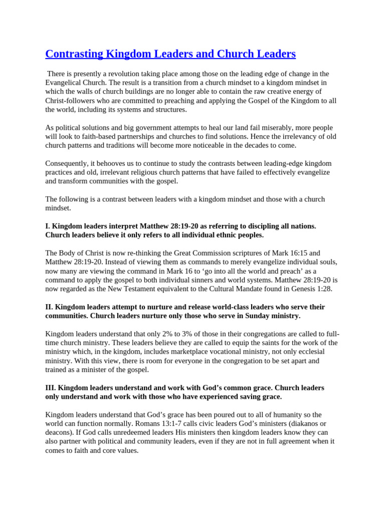 Contrasting Kingdom Leaders and Church Leaders | PDF | Jesus | Gospel ...