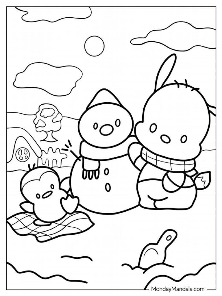 Pochamii and Penguin Making Snow Man Coloring Page For Kids | PDF