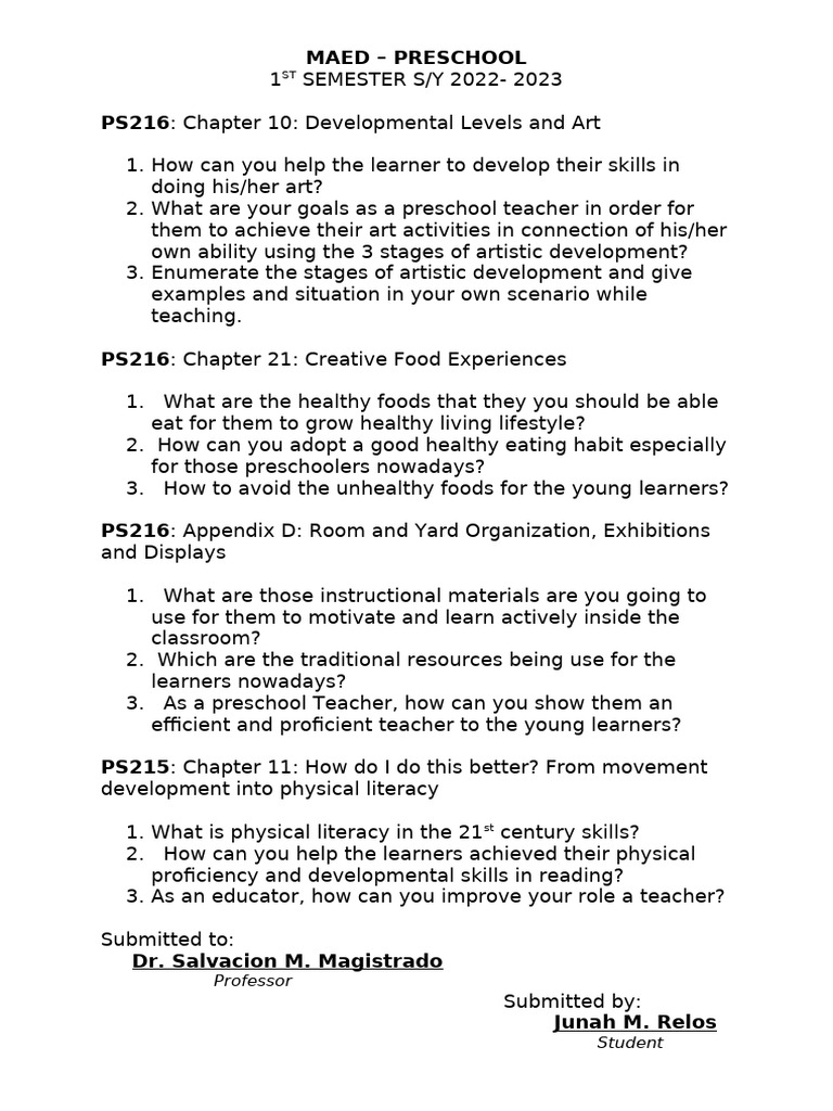 Preschool MAED Final Exam Questions | PDF