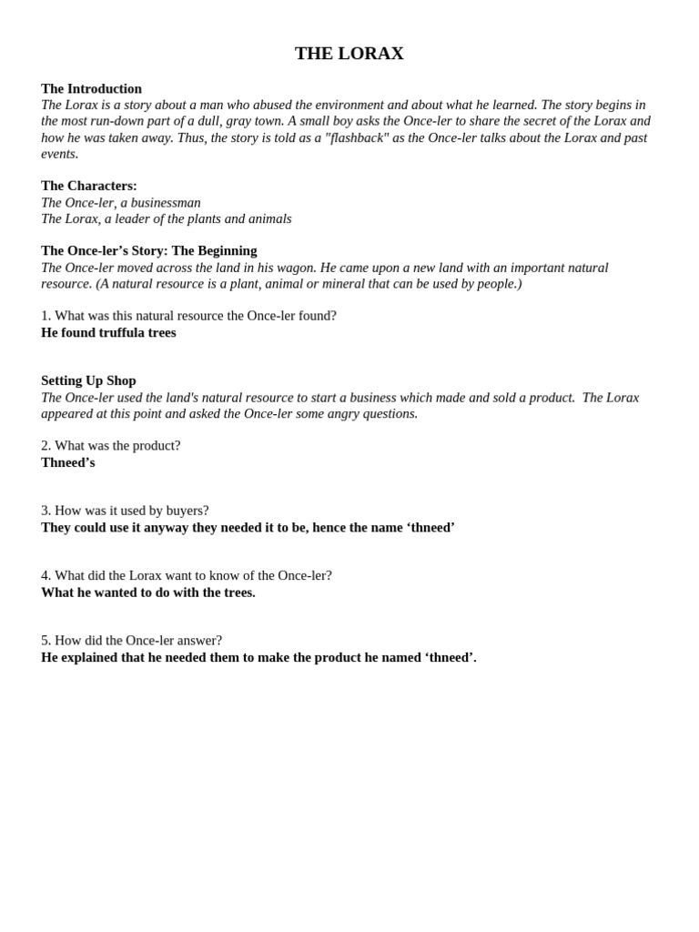 The Lorax Questions Shortened (1) (1) | PDF | Natural Environment