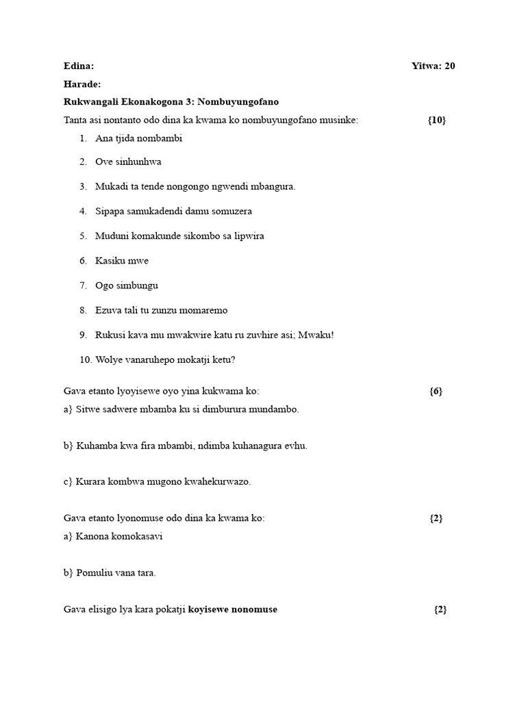 Rukwangali Test 2 MR Siyere | PDF