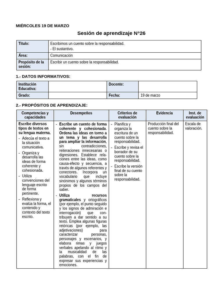 Leemos Un Cuento de La Responsabilidad 3° - Grado - Sesiones - Del - 19 - de - Marzo | PDF ...