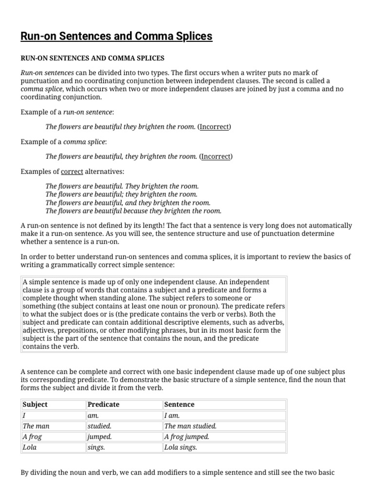 Run-On Sentences and Comma Splices - TIP Sheets - Butte College | PDF ...
