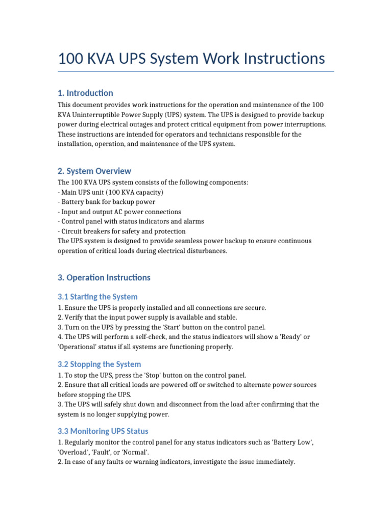 100_kva_ups_system_work_instructions | PDF | Power Supply | Electronics