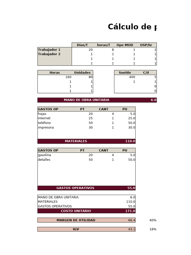 Cálculo de precio de servicio | PDF