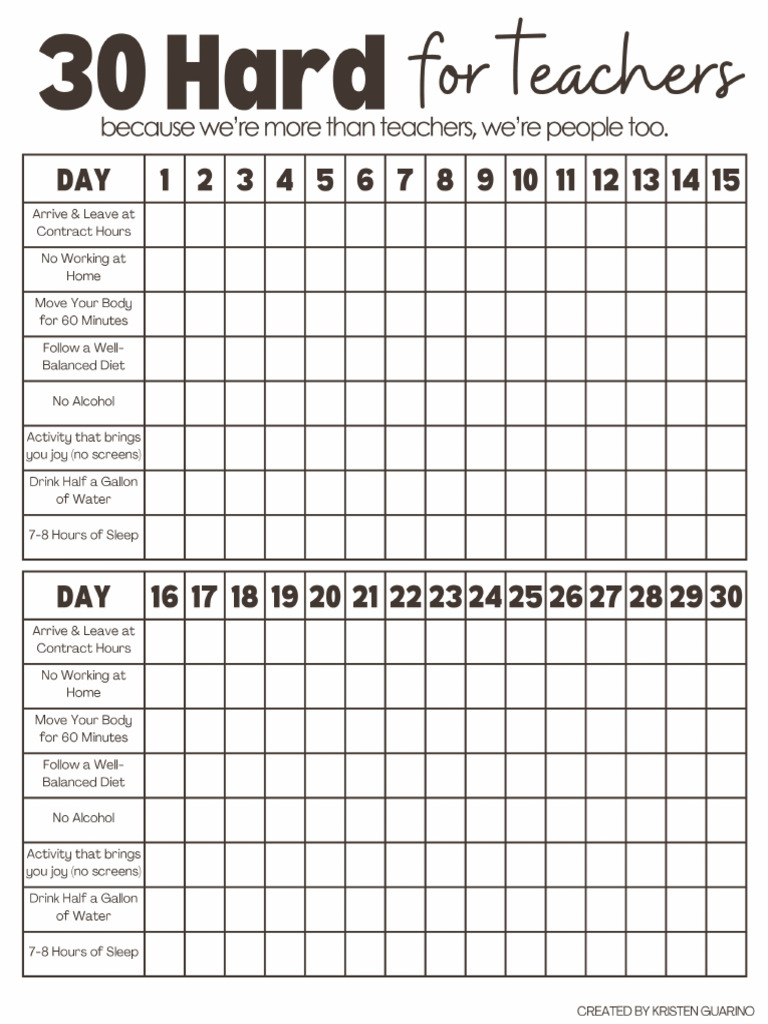 30 Hard For Teachers Tracker - BW | PDF