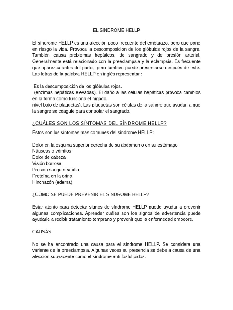 El Síndrome Hellp, Introduccion | PDF | Especialidades Medicas | Enfermedades y trastornos