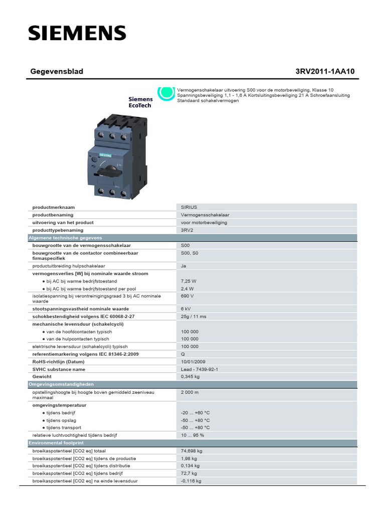 3RV20111AA10 Datasheet NL | PDF