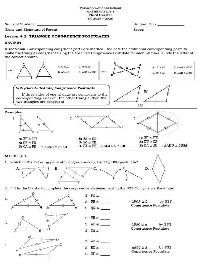 Q3 LESSON 4.2 SSS Congruence Postulate | PDF | Euclidean Geometry | Euclid