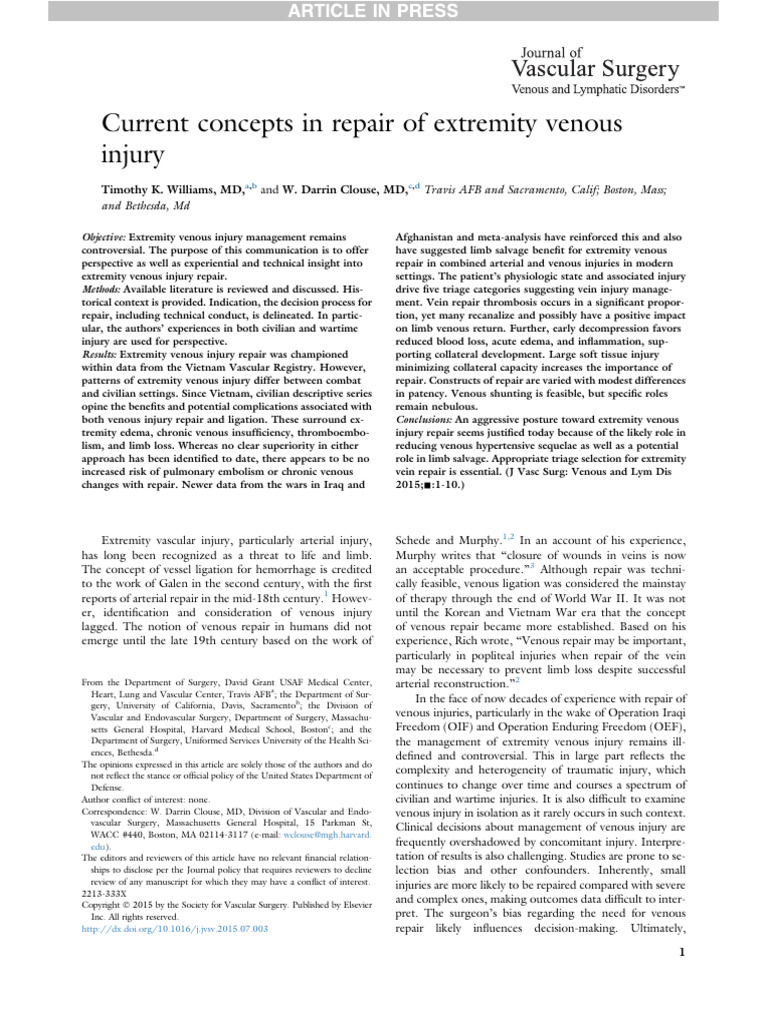 Current Concepts in Repair of Extremity Venous | PDF | Vein | Thrombosis